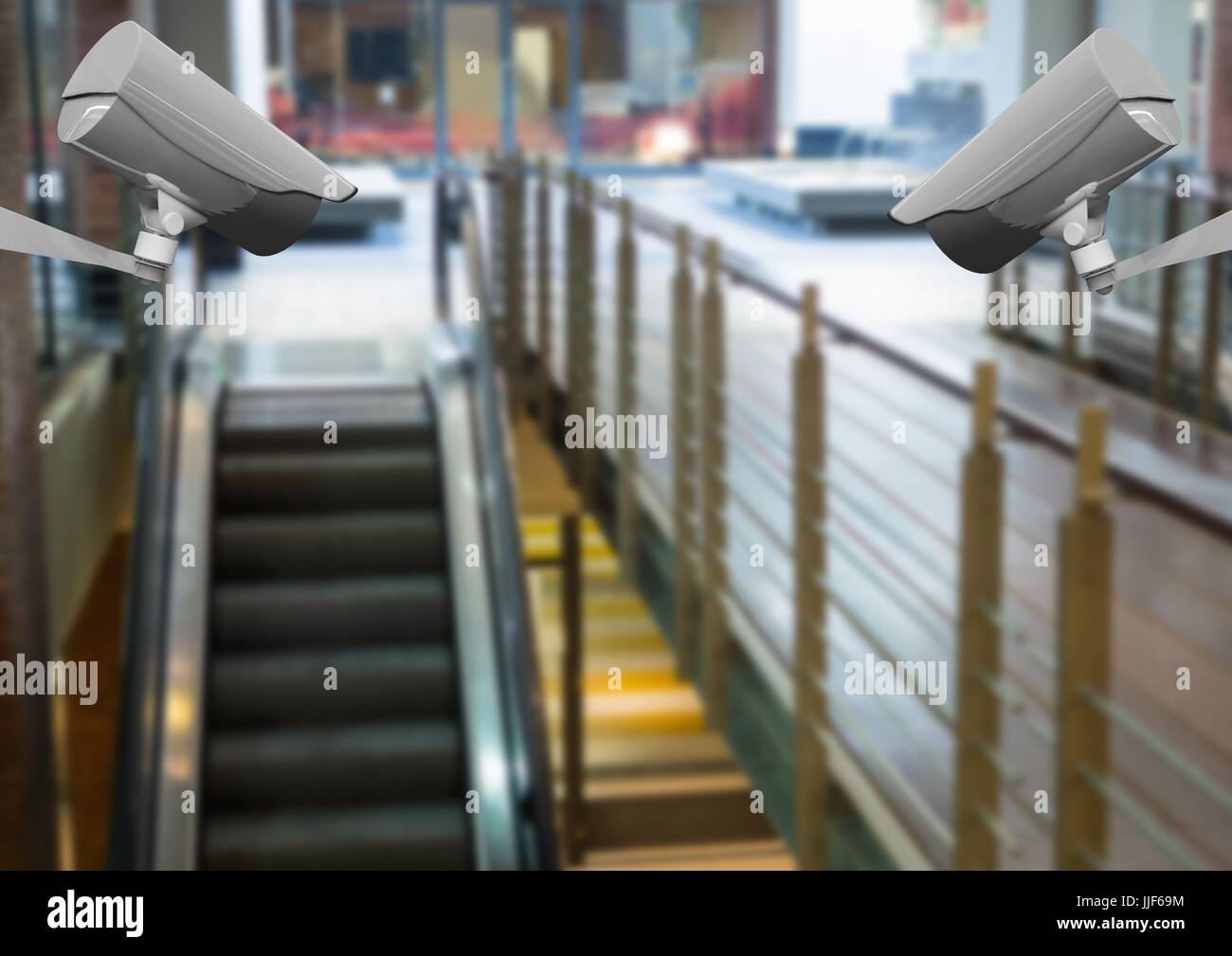 Digital composite of CCTV controlled mechanic stairs in a shopping hall ...