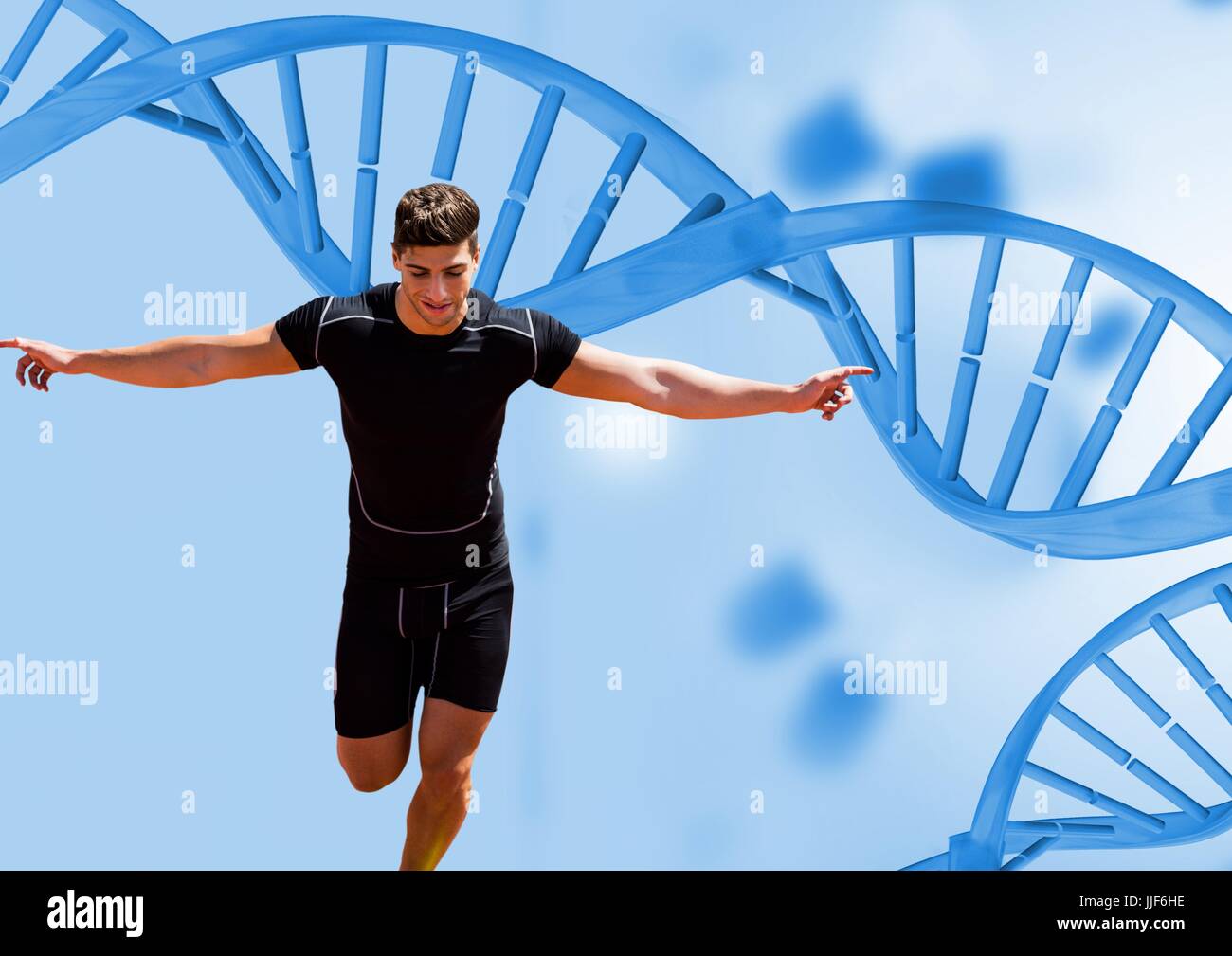 Digital composite of runner with blue dna chain background Stock Photo ...