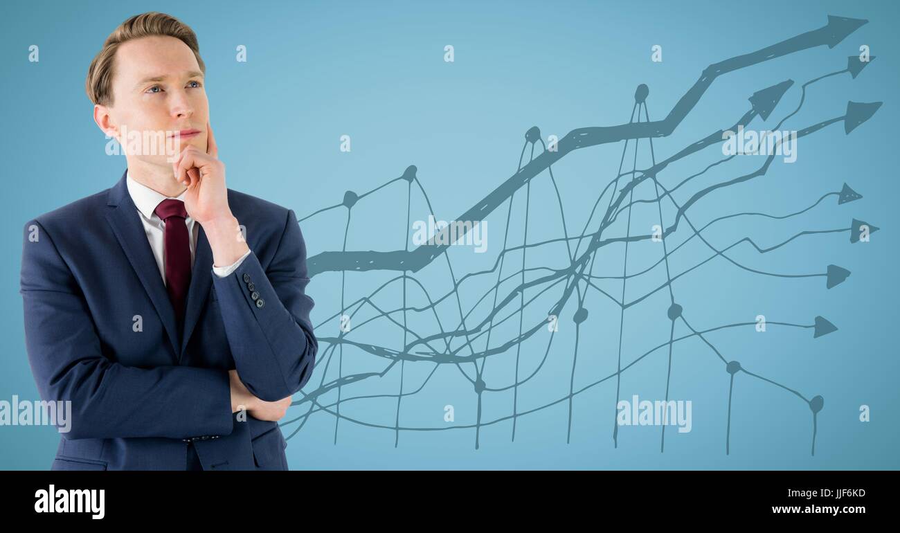 Digital composite of Business man thinking against blue background and ...