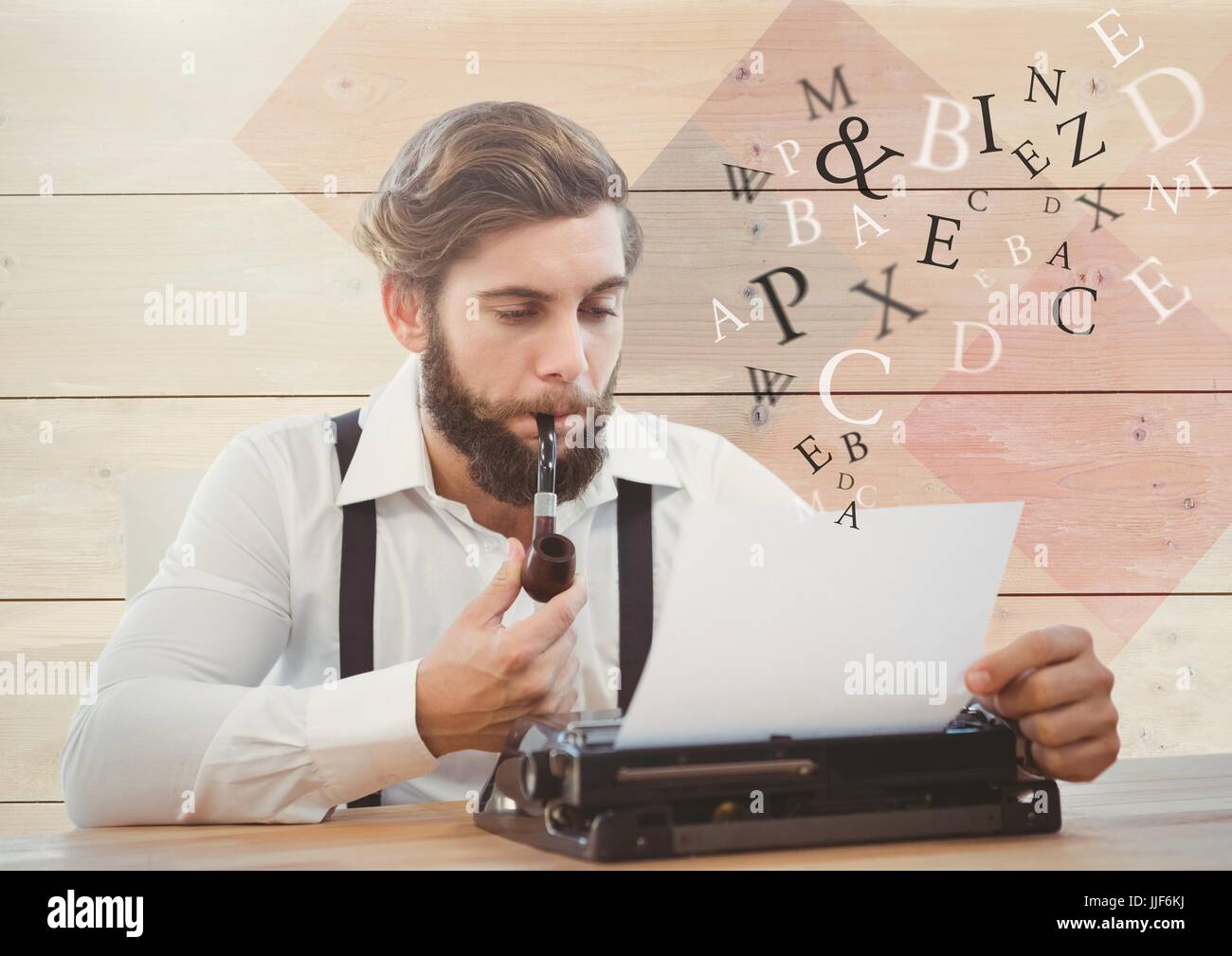 Digital composite of Hipster man on typewriter with letters and wood ...