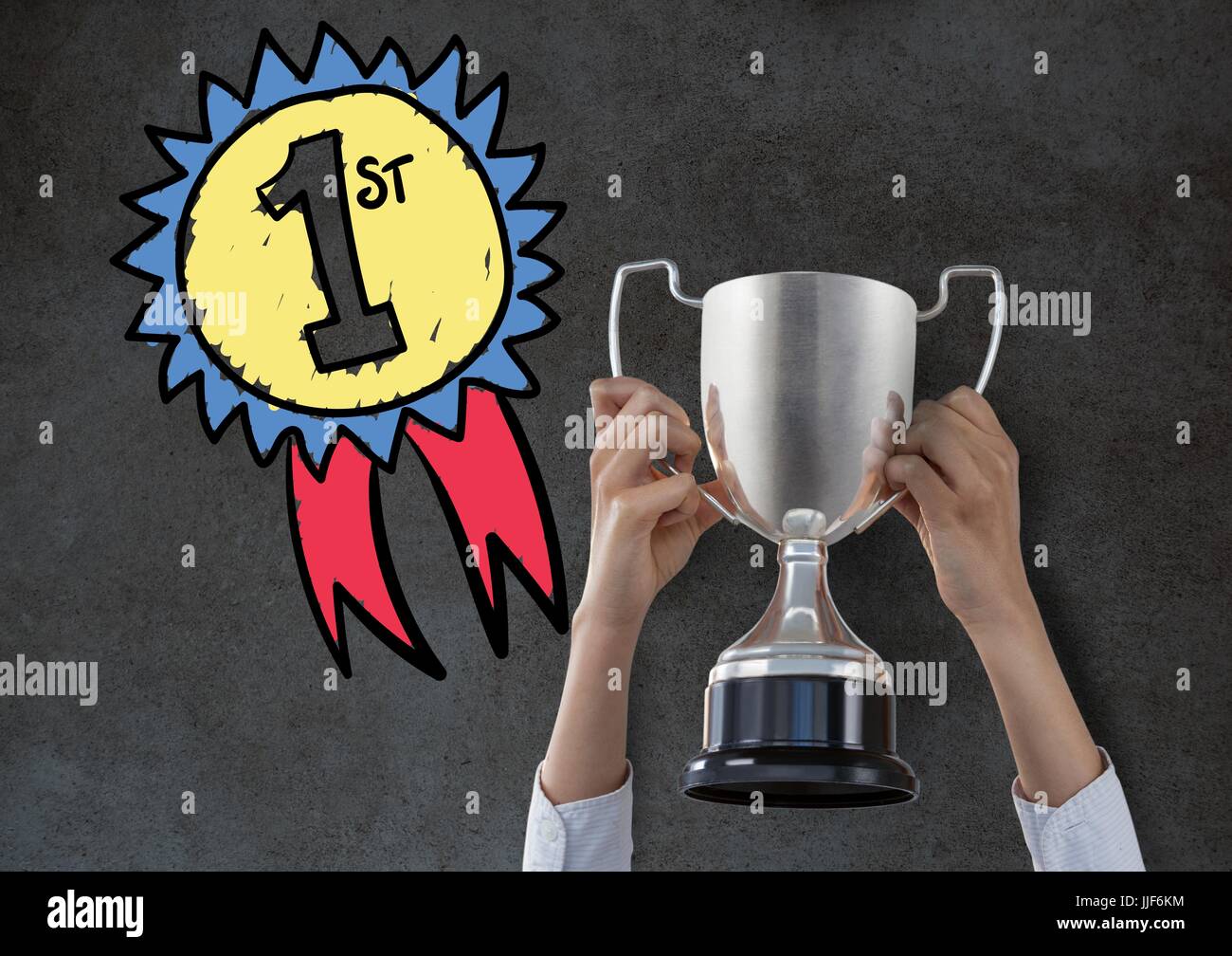 Digital composite of business hand with trophy, black background with ...