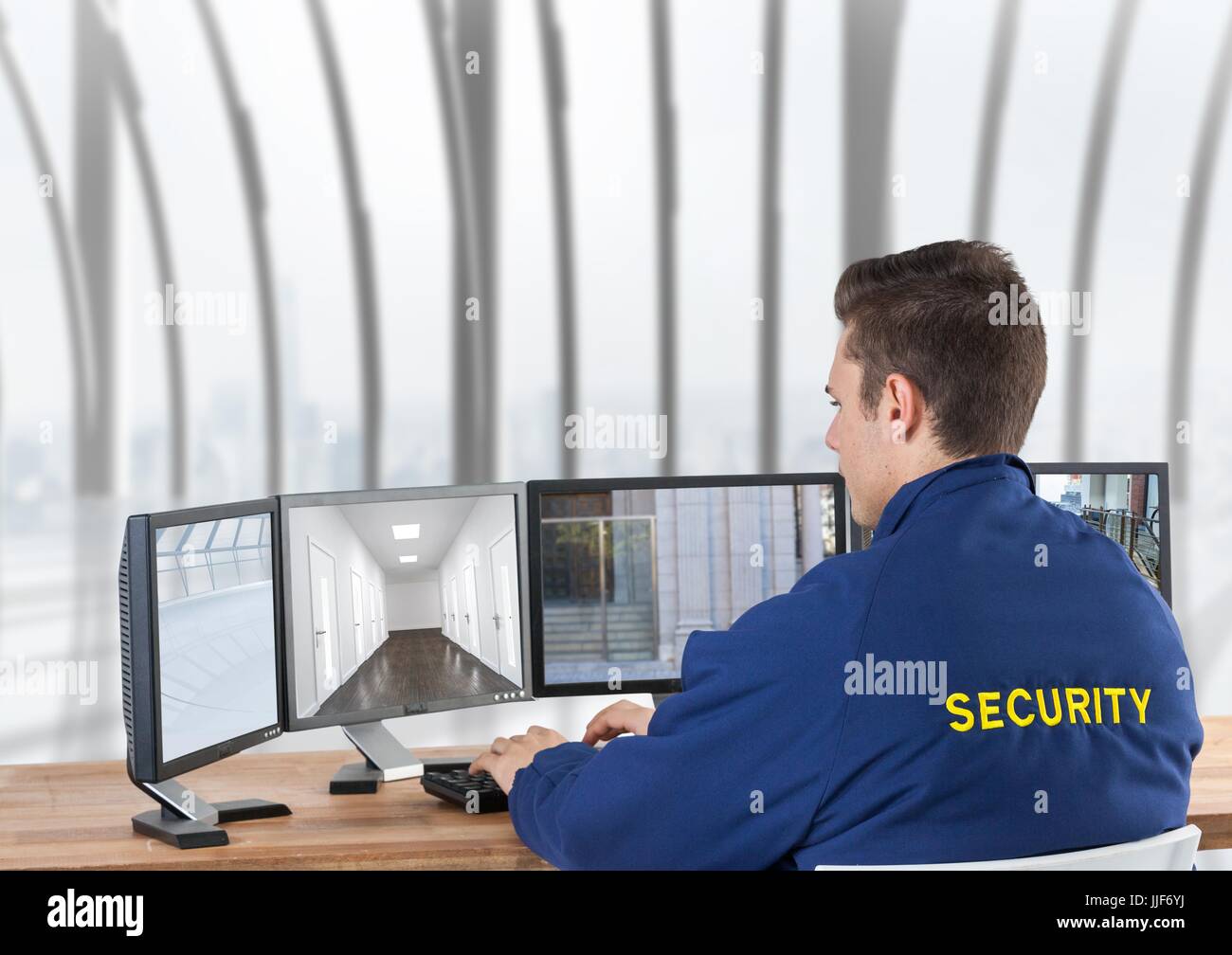 Digital composite security guard looking images security cameras ...