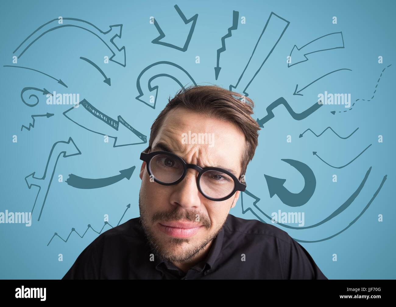 Digital composite of Close up of confused man with glasses against blue ...