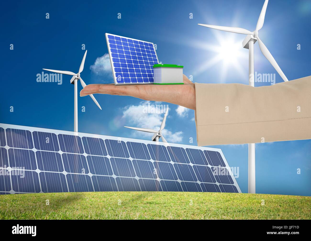 Digital composite of solar panel on hand in solar panels field Stock ...