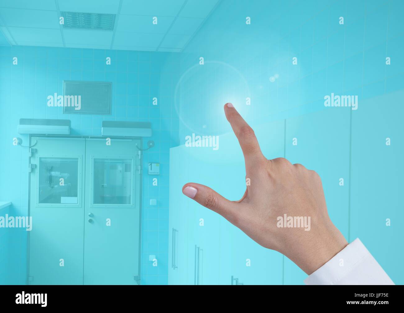 Digital composite of Hand touching blue Medical Doctor background Stock ...