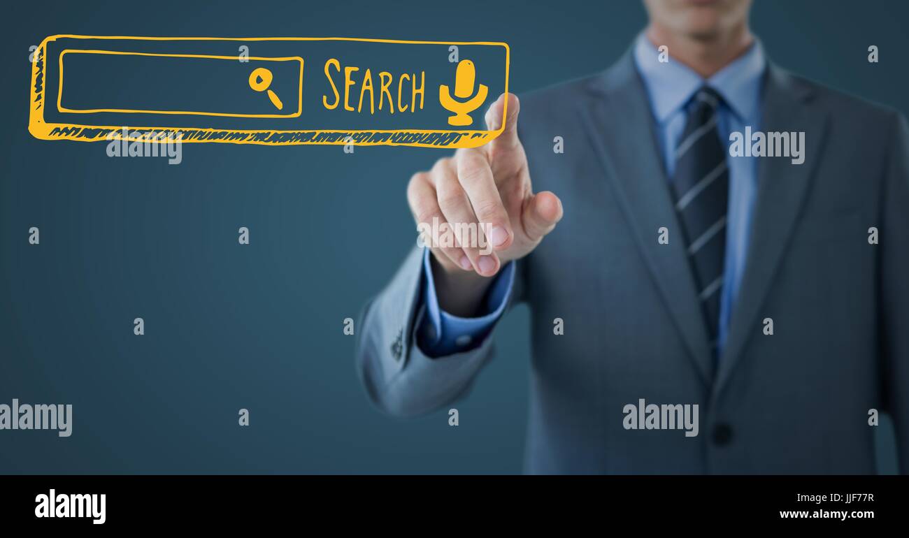 Digital composite of Business man mid section touching yellow search ...