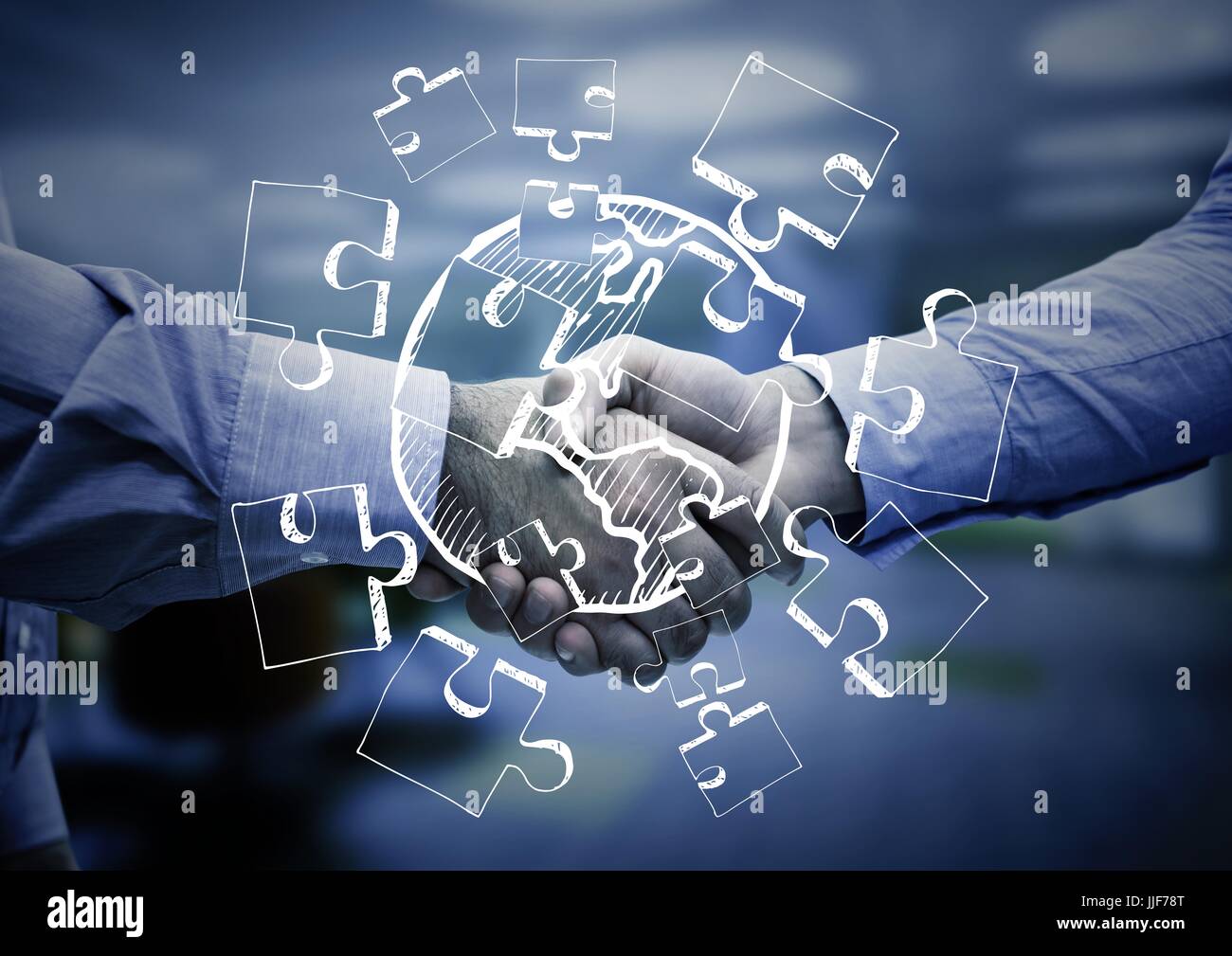 Digital composite of Handshake in blue room with white jigsaw doodle ...