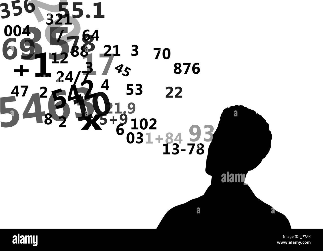 Digital composite of man silhouette with numbers coming up from his ...