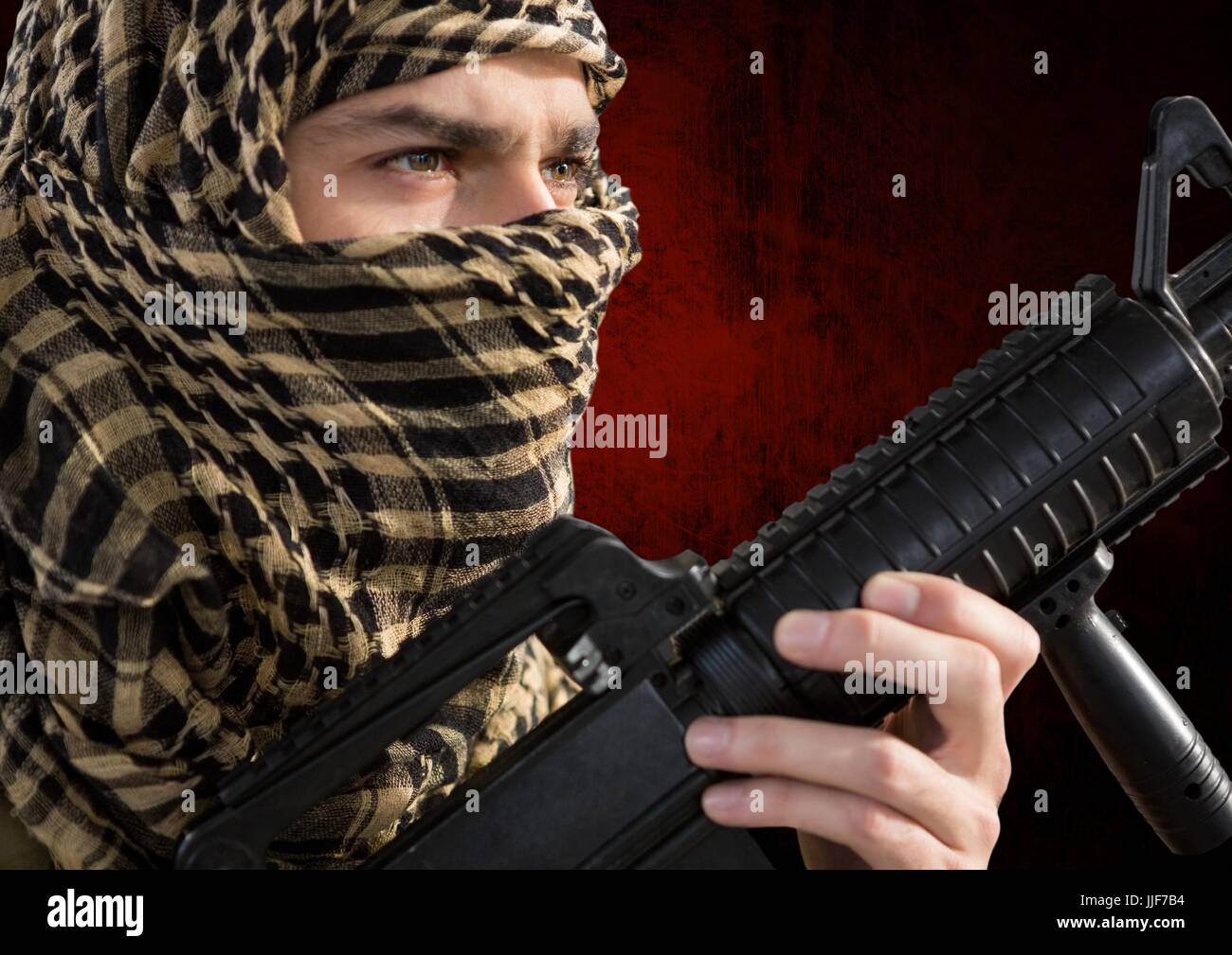 Digital composite of foreground of soldier side-face, with the face ...