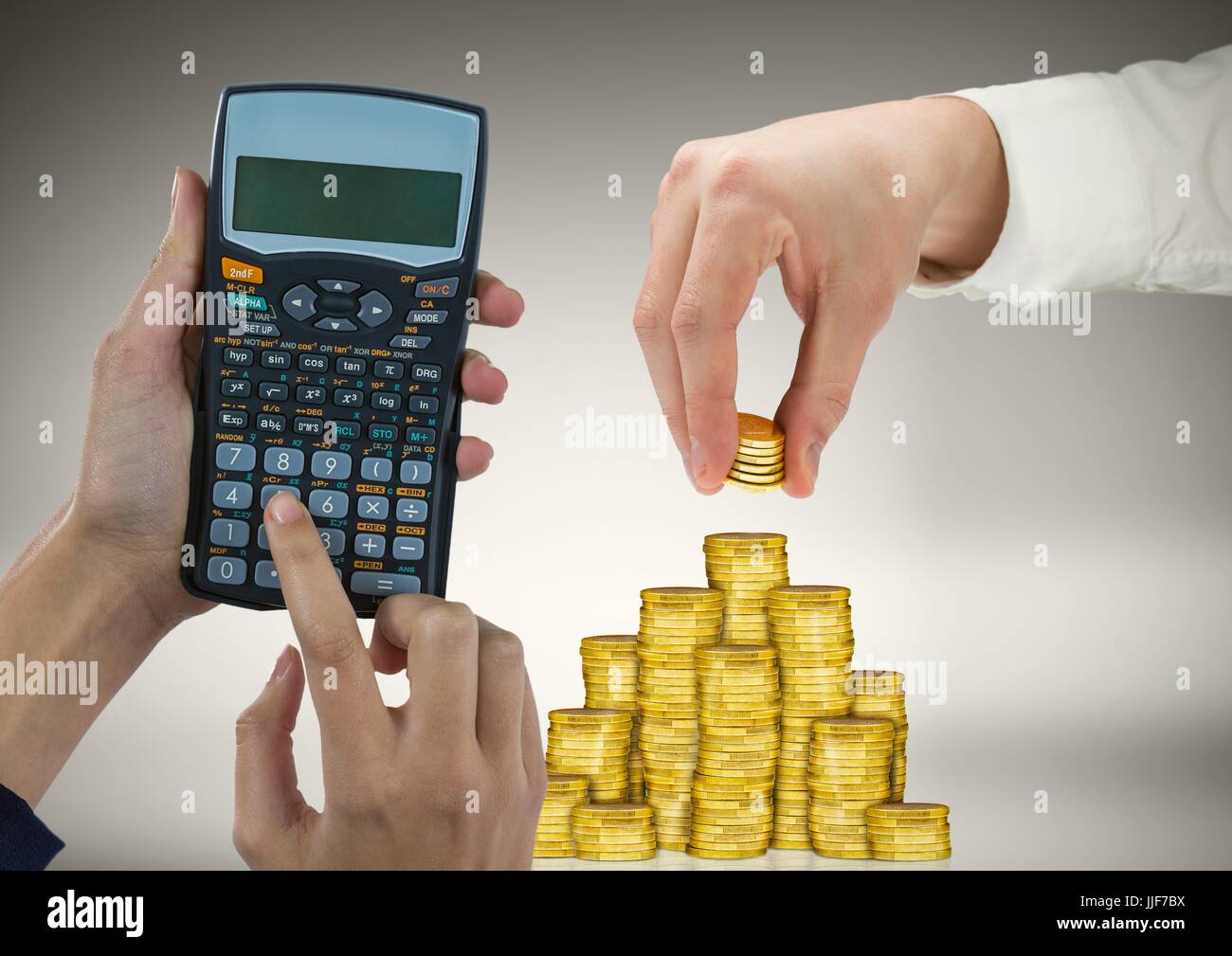 Digital composite of Cropped image of hands working on calculator and ...