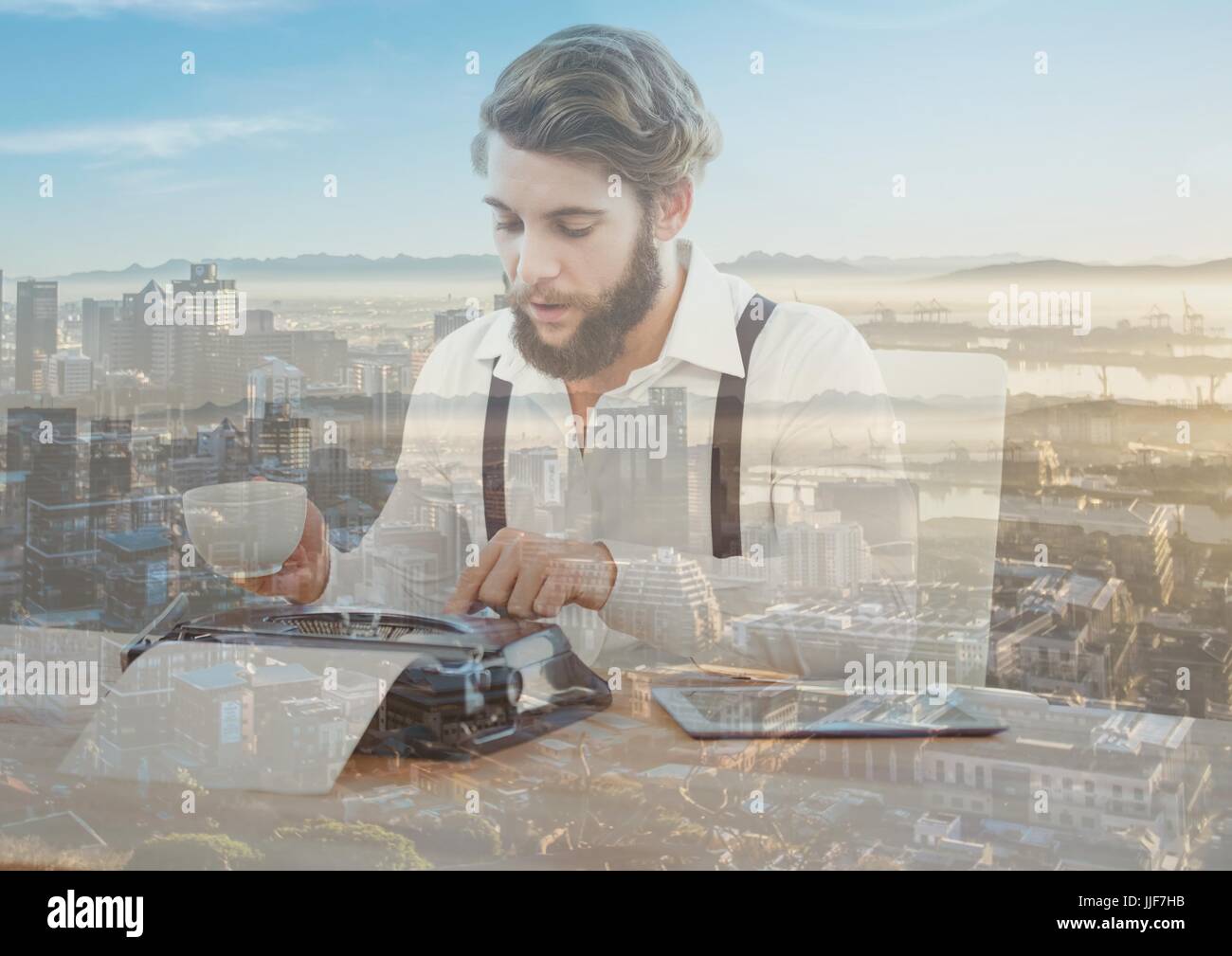 Digital composite of Hipster man on typewriter over city Stock Photo ...