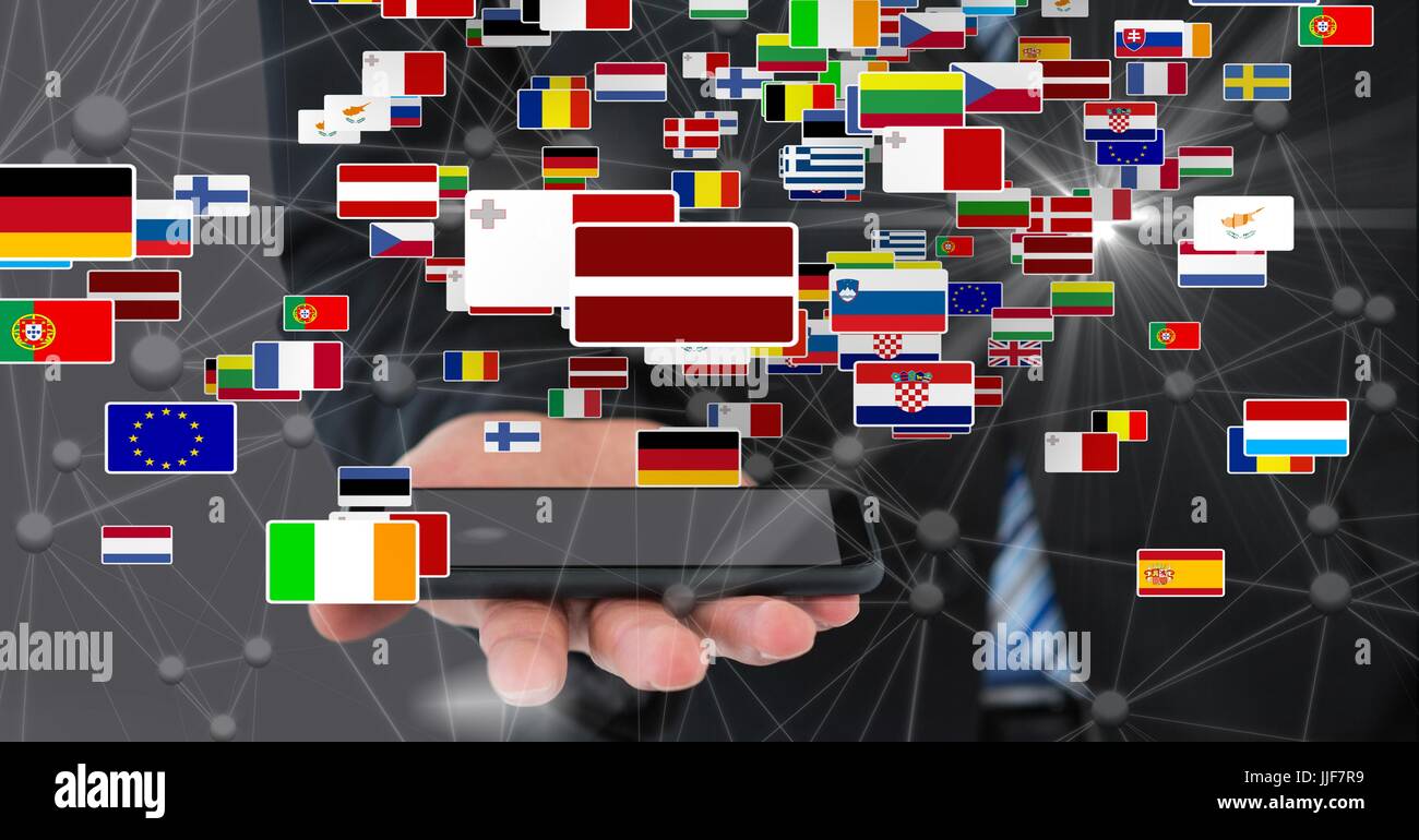 Digital composite of Businessman holding smart phone with various flags ...
