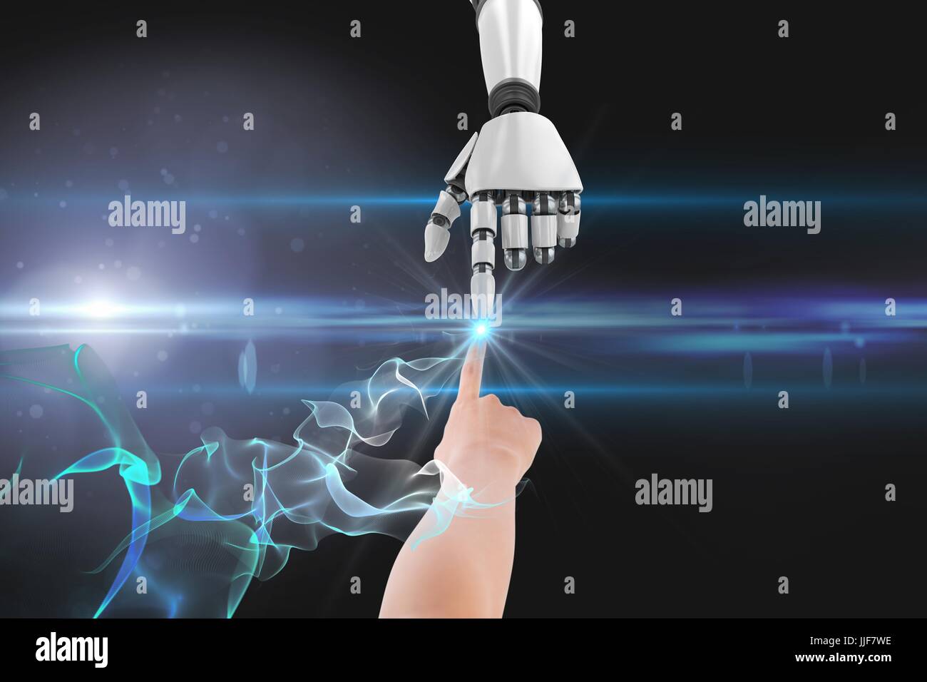 Digital composite of human and robot touching their fingers against ...