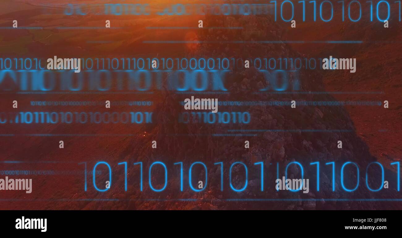 Digital composite of Blue binary code against mountain rock in sunset ...