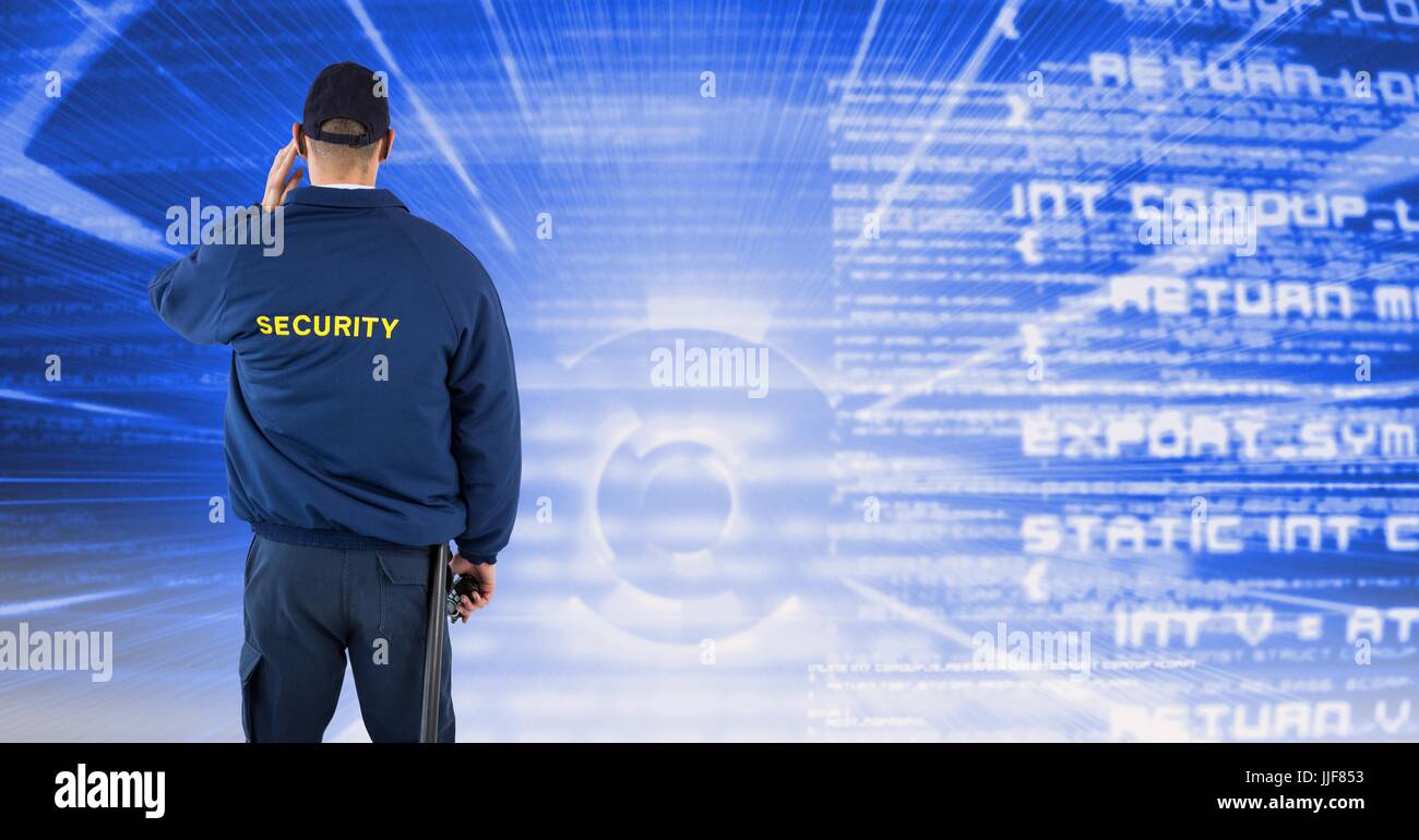 Digital composite of Rear view of security guard facing text background ...