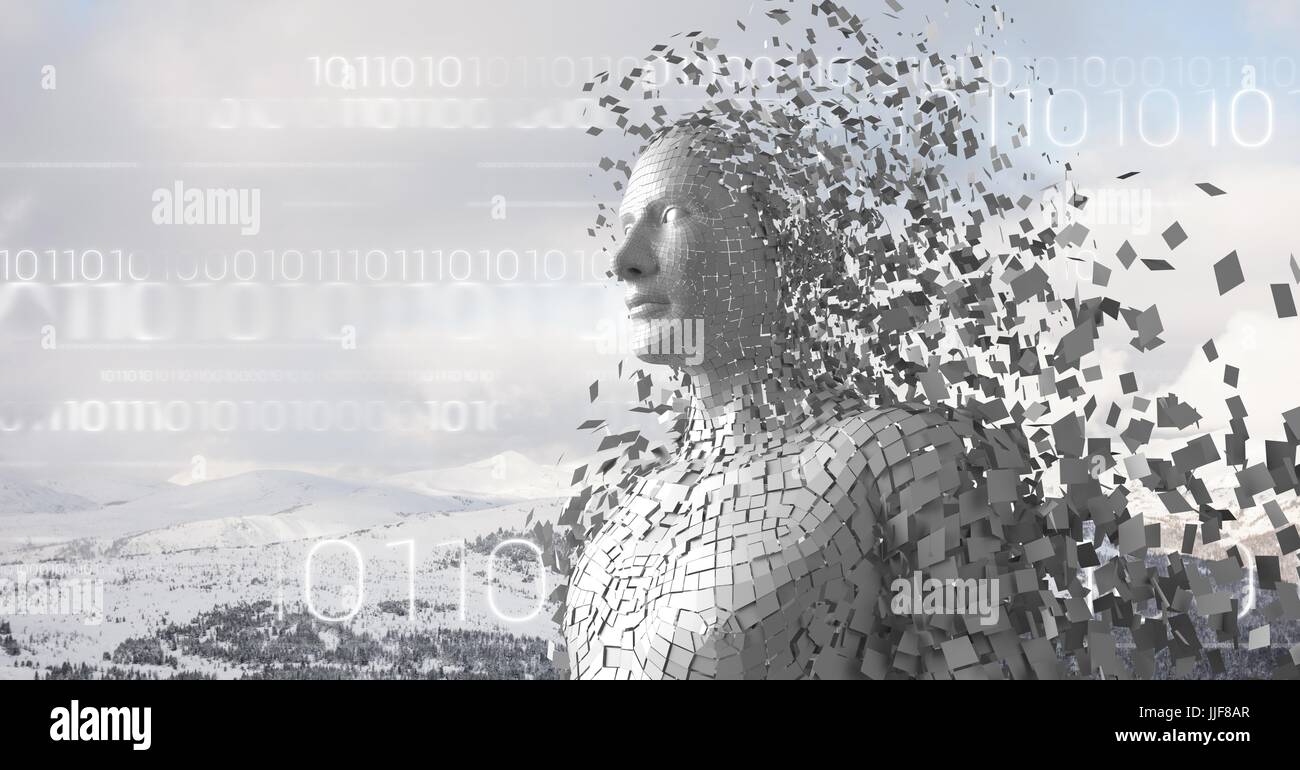 Digital composite of White binary code and white male AI against snowy ...