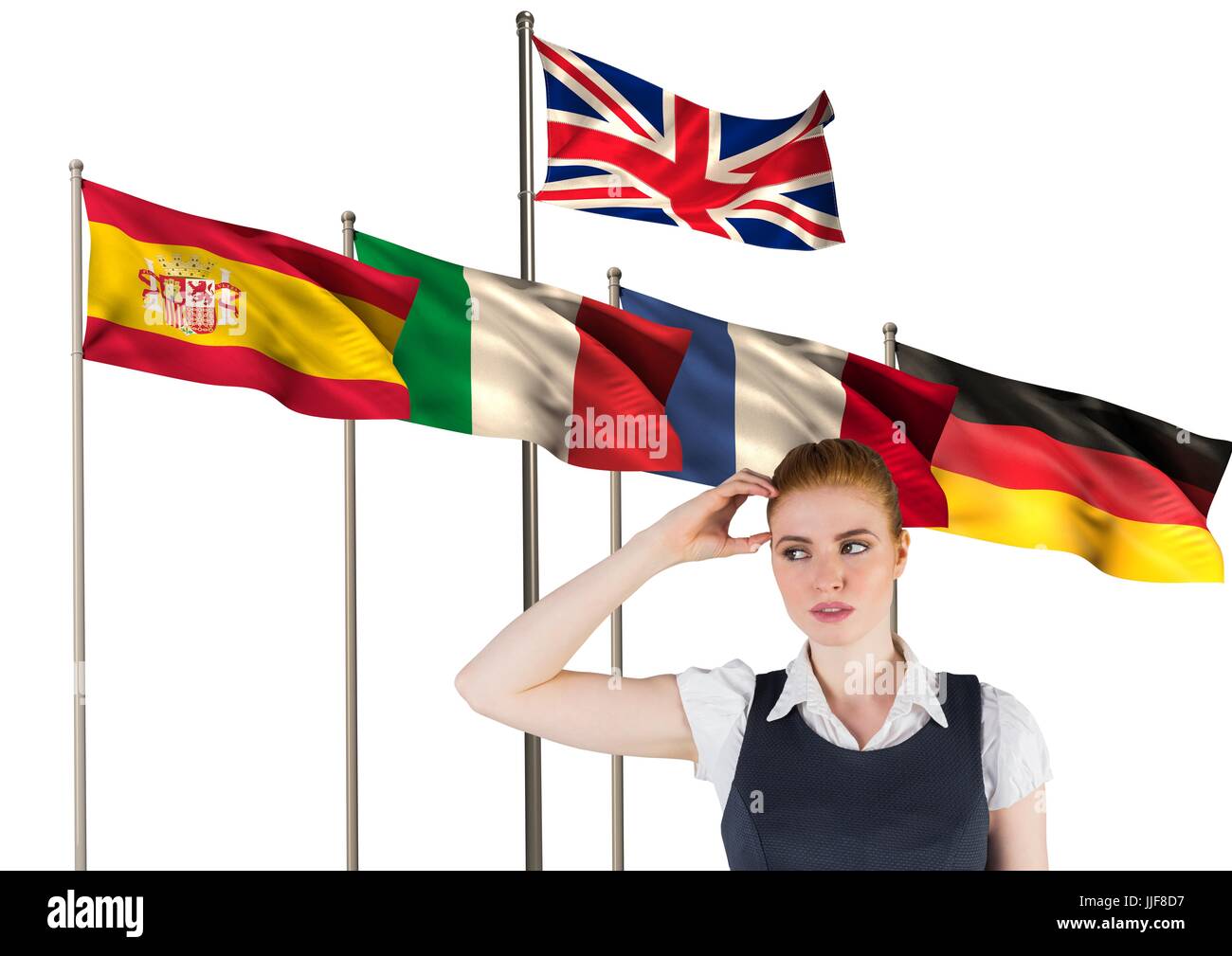 Digital composite of main language flags behind young businesswoman ...