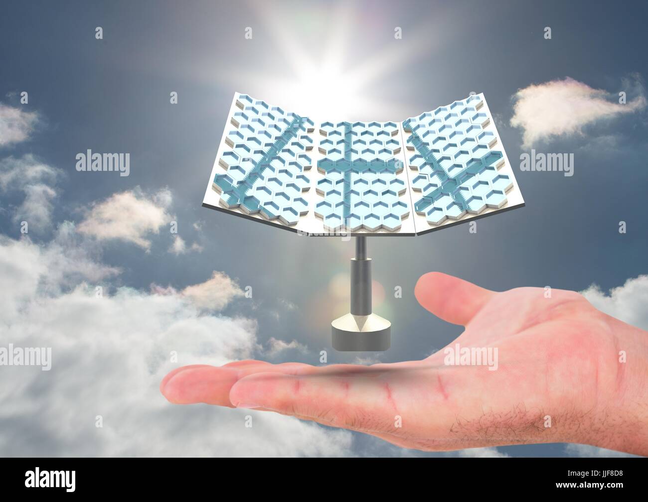 Digital composite of solar panel on hand in the sky Stock Photo - Alamy