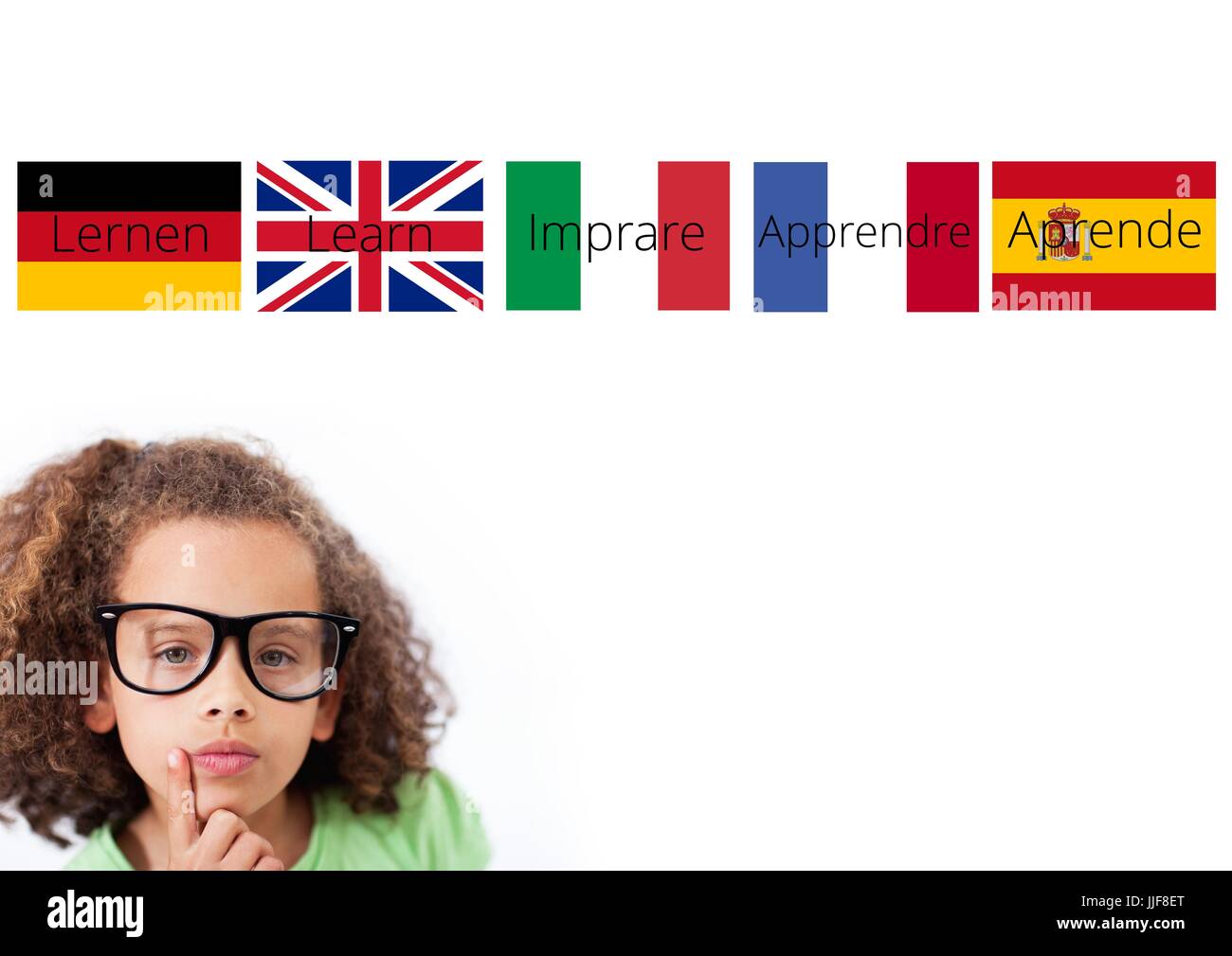 Digital composite main language flags over girl hi-res stock ...