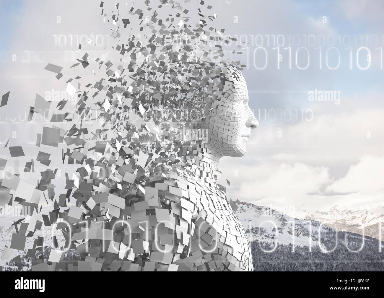Digital composite of White binary code against white male AI and snowy ...