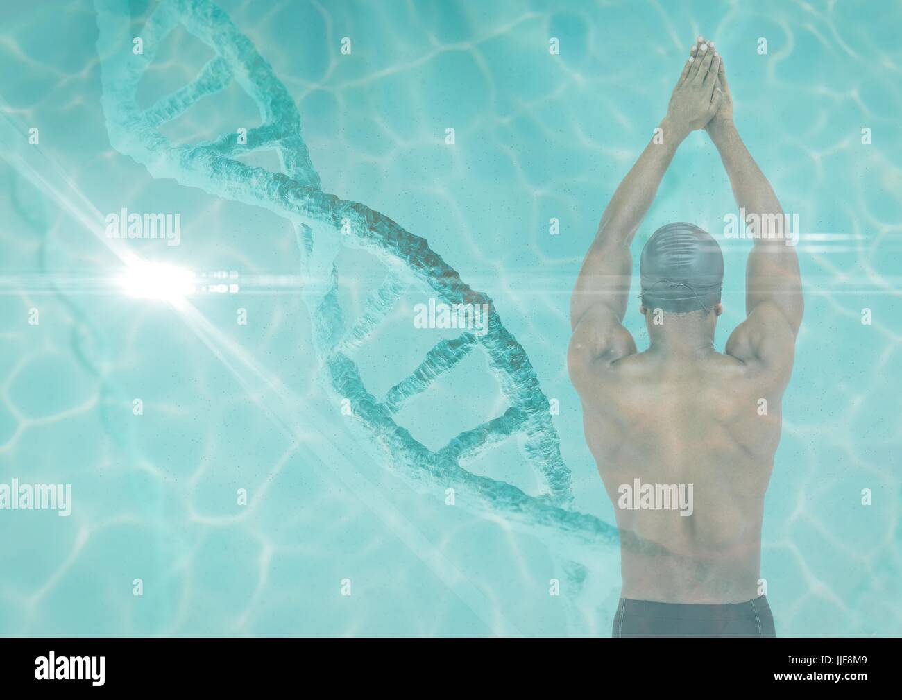 Digital composite of swimmer in swimming pool with a dna chain and pool ...