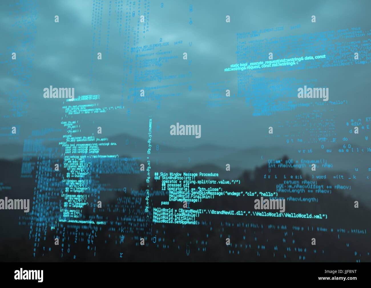 Digital composite of Blue code against mountains at night Stock Photo ...