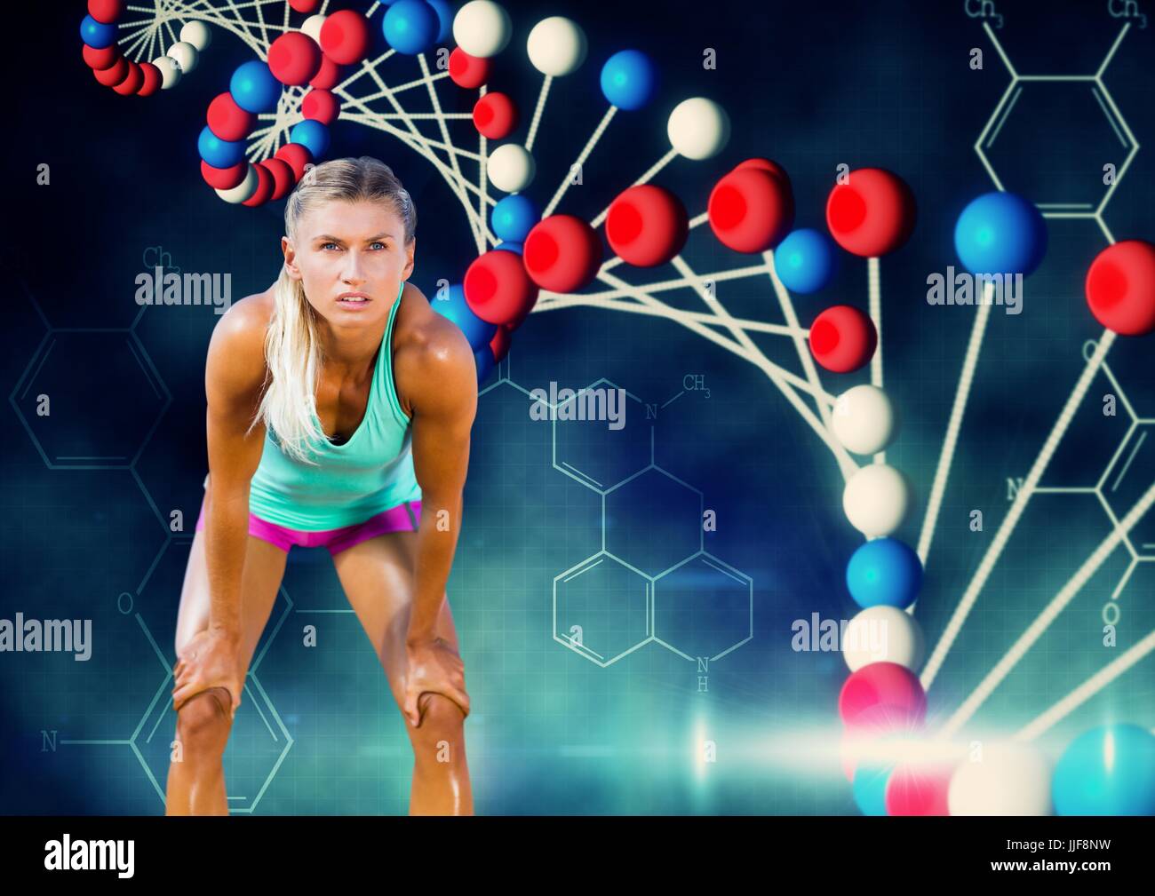 Digital composite of sporty with colors dna chain and dark blue ...