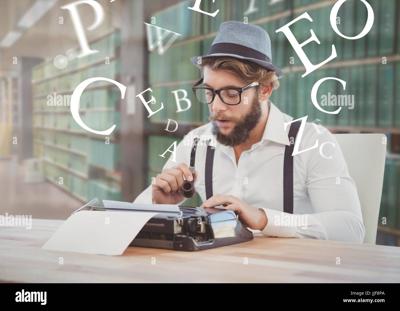 Digital composite of Hipster man on typewriter with letters in library ...