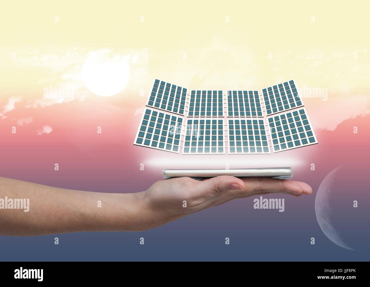 Digital composite of solar panel on hand with night and day background ...