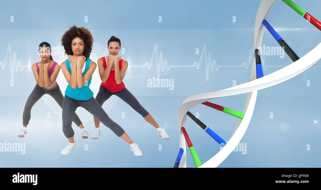 Digital composite of aerobic women with colors dna chain. Blue ...