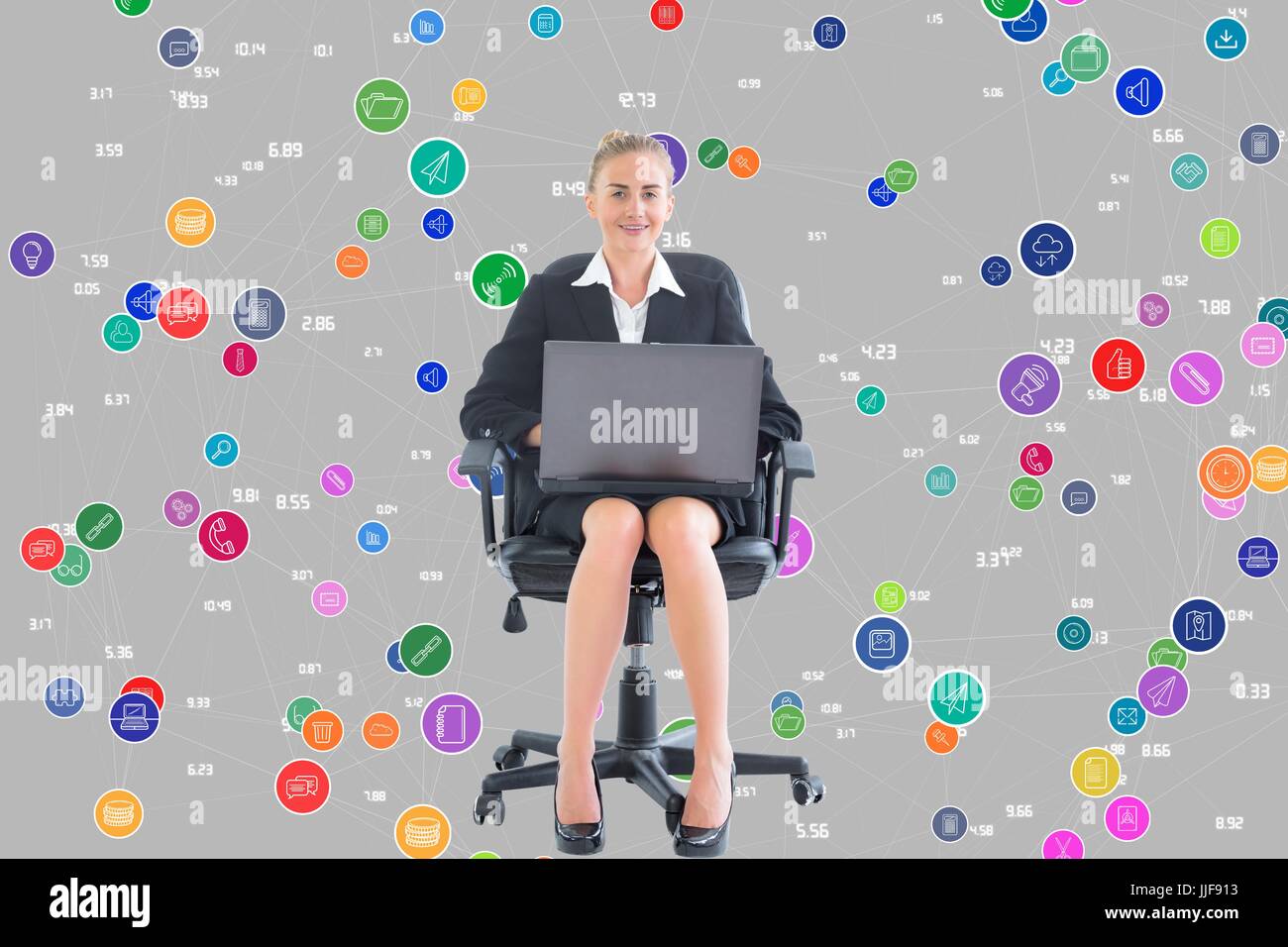 Digital composite of business woman witrh laptop against background ...