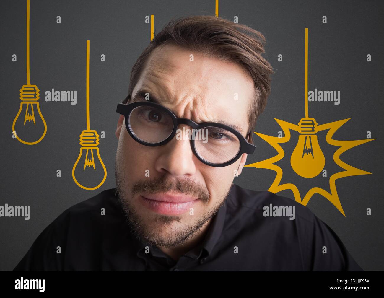 Digital composite of Close up of confused man with glasses against grey ...