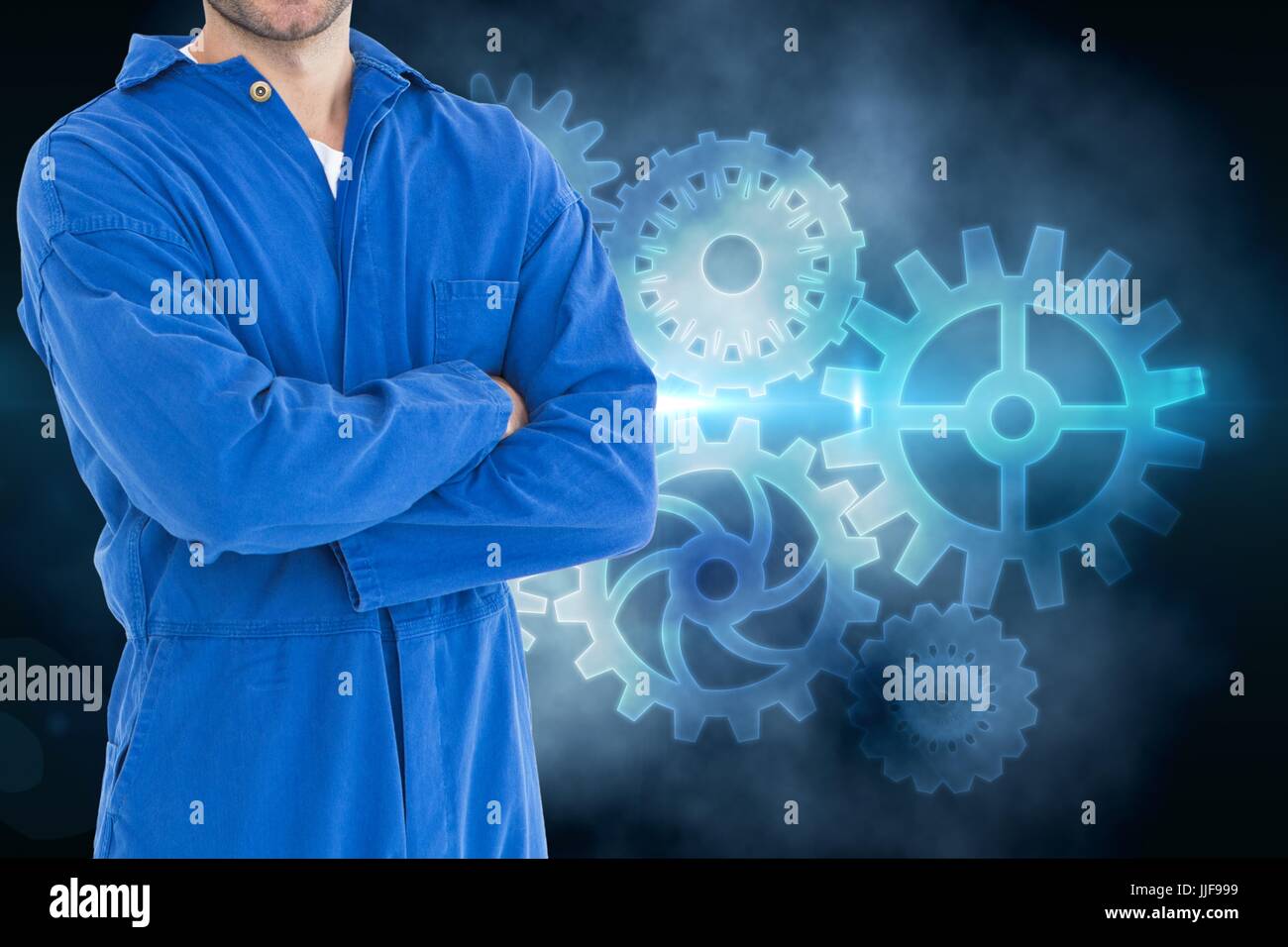 Digital composite of mechanic against background with cogs Stock Photo ...