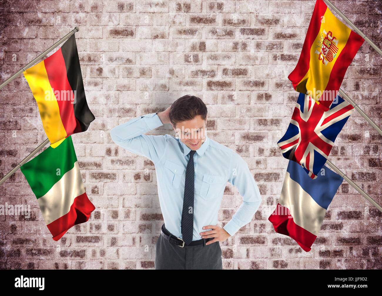 Digital composite of main language flags around business young man ...