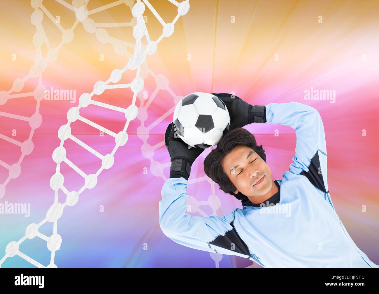 Digital composite of soccer player with white dna chain and colors ...