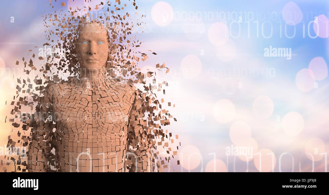 Digital composite of White binary code and orange male AI against blue ...