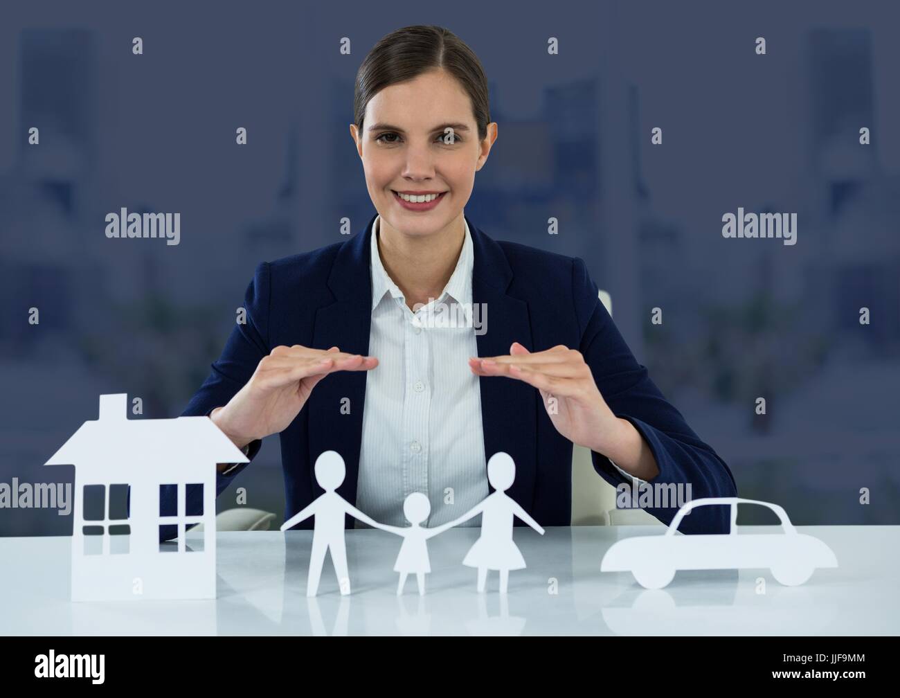 Digital composite of Cut outs of insurance with woman over blue ...