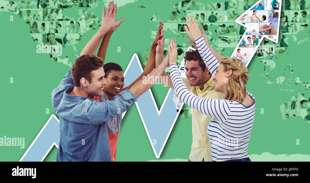 Digital composite of Digital image of hipsters giving high five while ...