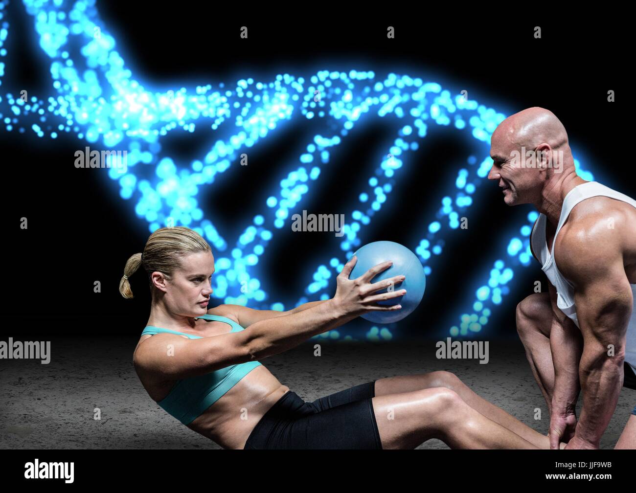 Digital composite of couple doing exercise blue lights dna chain Stock ...