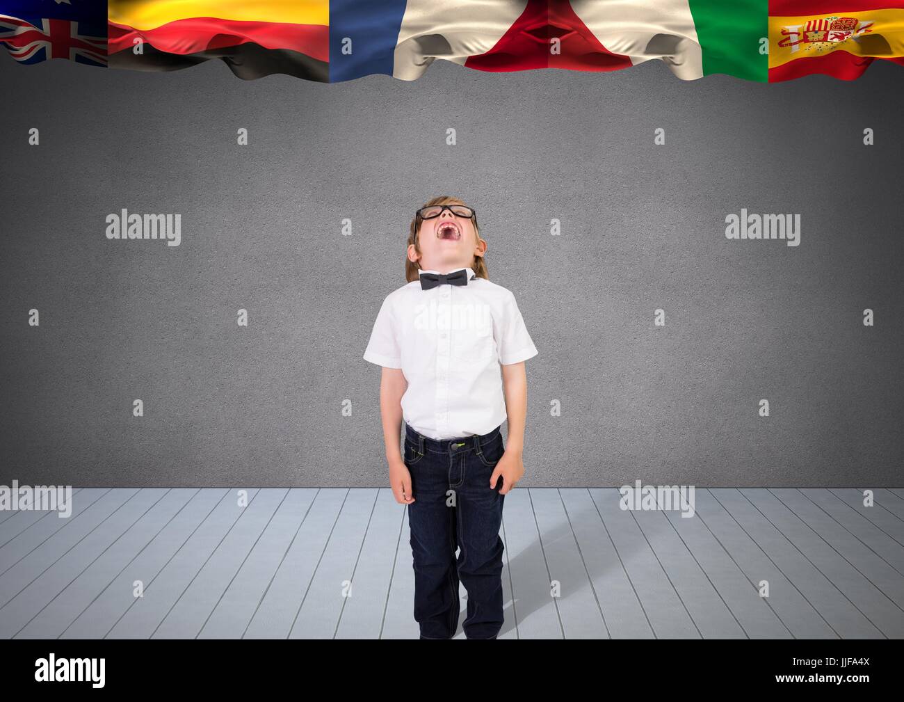 Digital composite of main language flags over a boy Stock Photo - Alamy