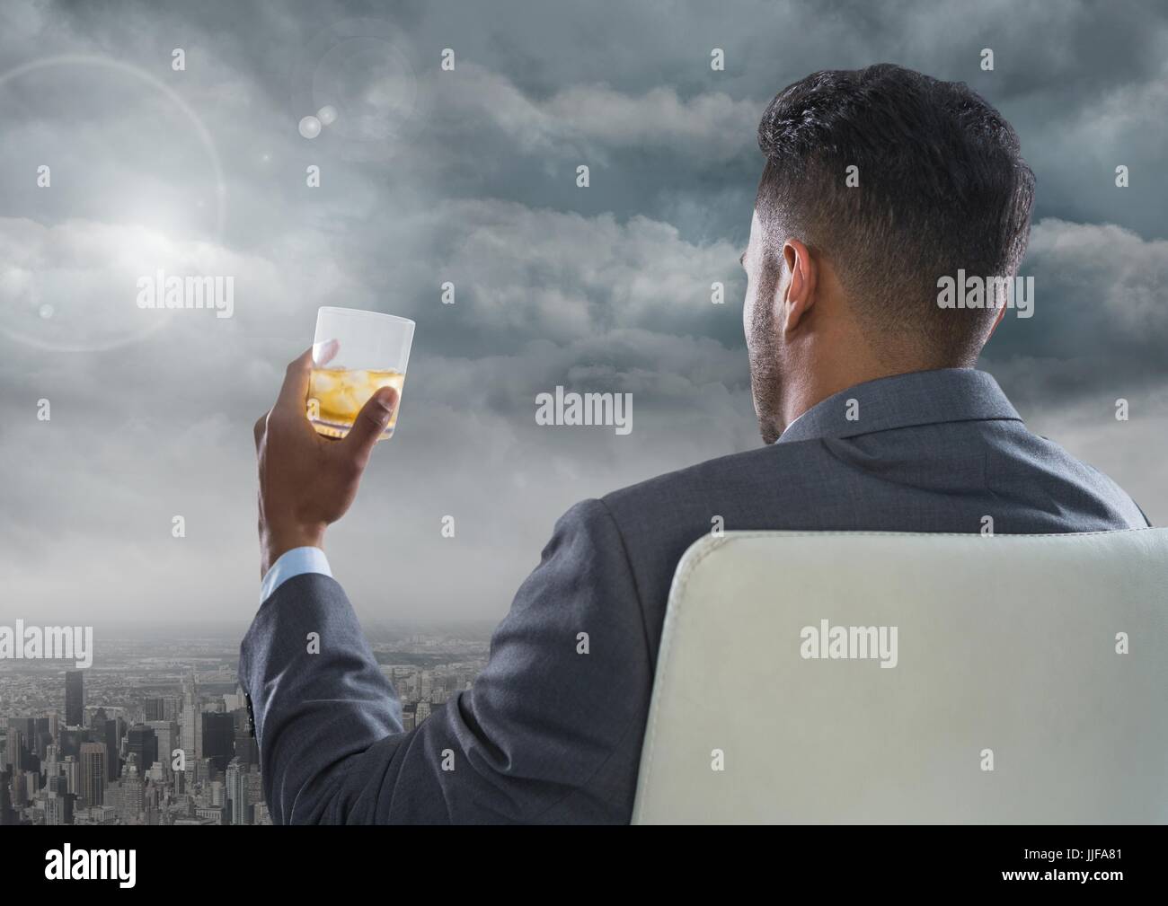 Digital composite of Businessman Back Sitting in Chair with drinks ...