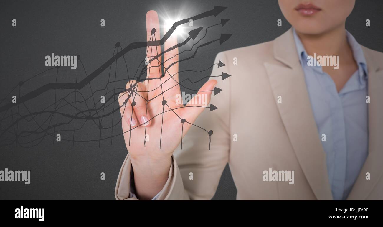 Digital composite of Business woman mid section touching grey graph ...