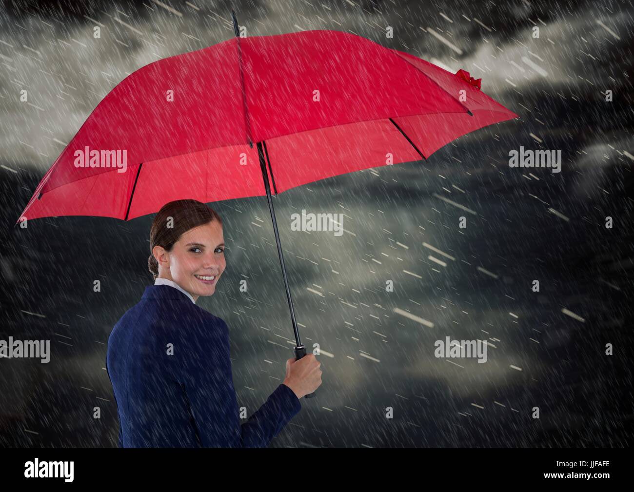 Digital composite of Business woman looking over shoulder with umbrella ...