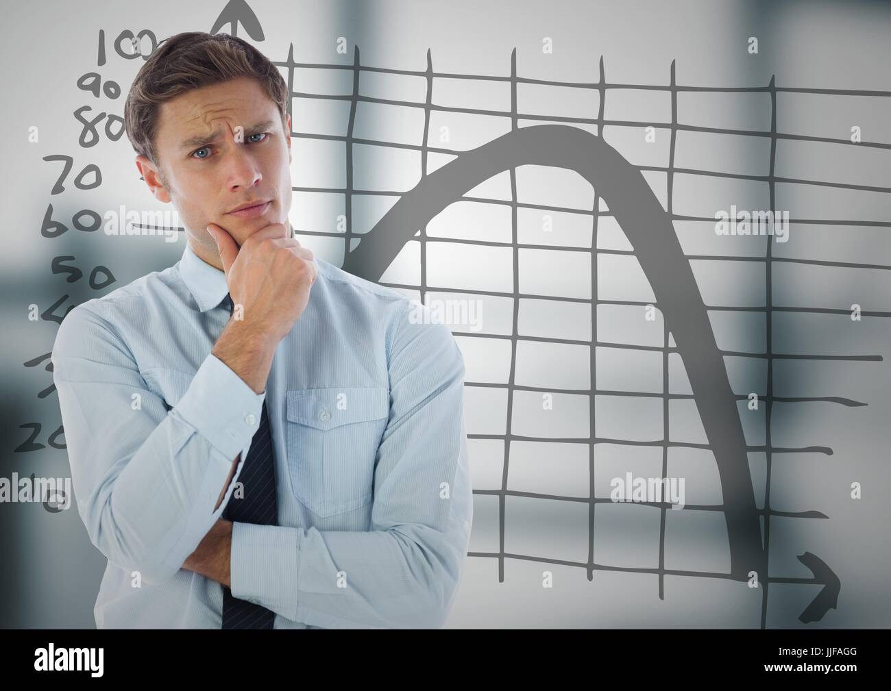 Digital composite of Business man thinking against graph doodle and ...