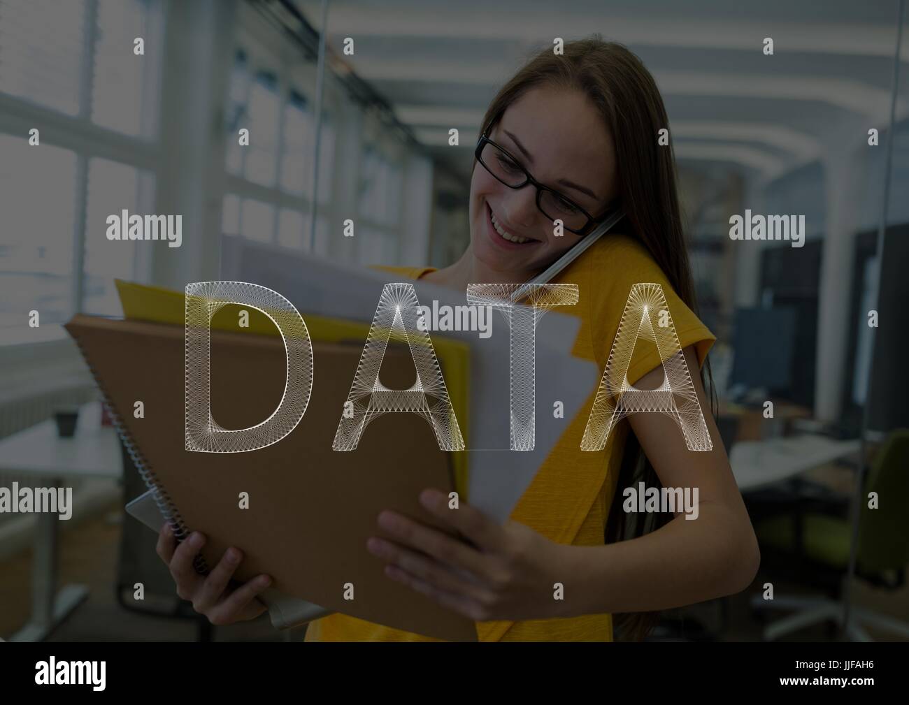 Digital composite of White data text against woman on phone with files ...