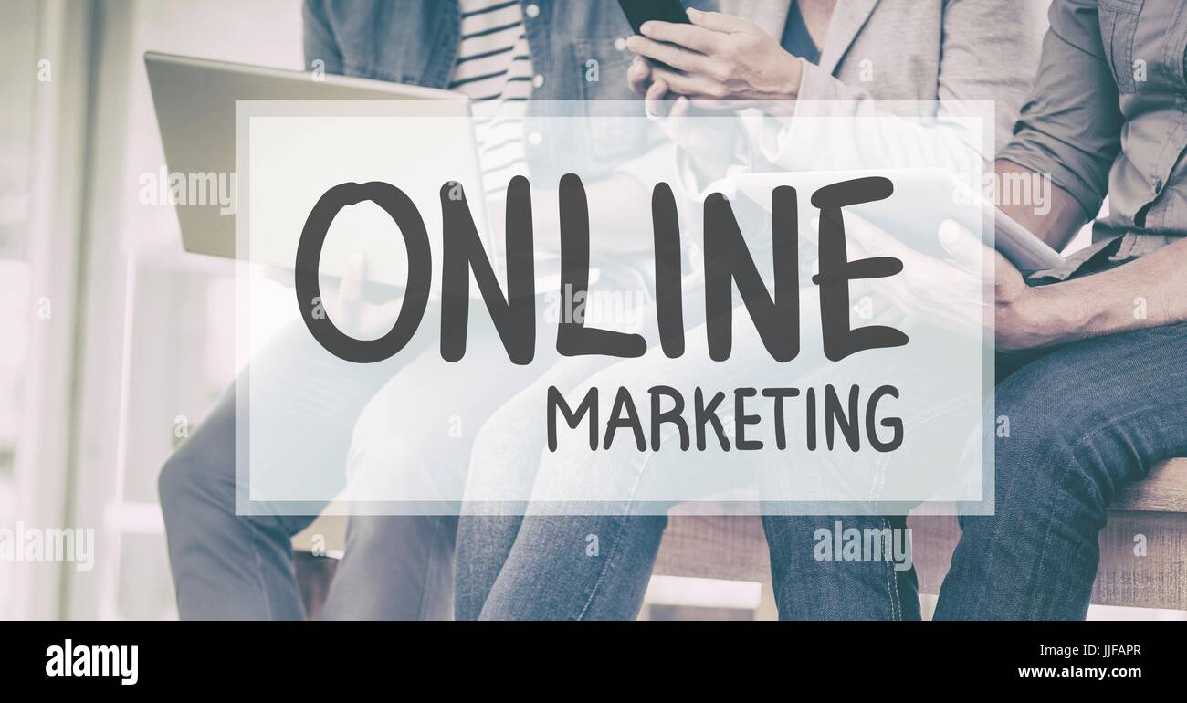 Digital composite of Online marketing text against people sitting in ...