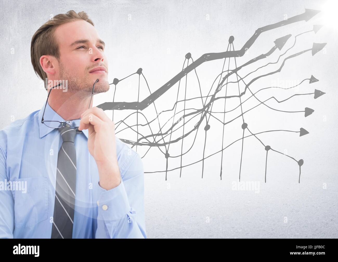 Digital composite of Business man thinking against graph doodle and ...