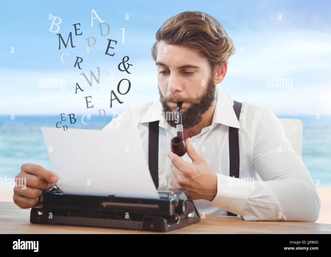Digital composite of Hipster man on typewriter with letters and blue ...