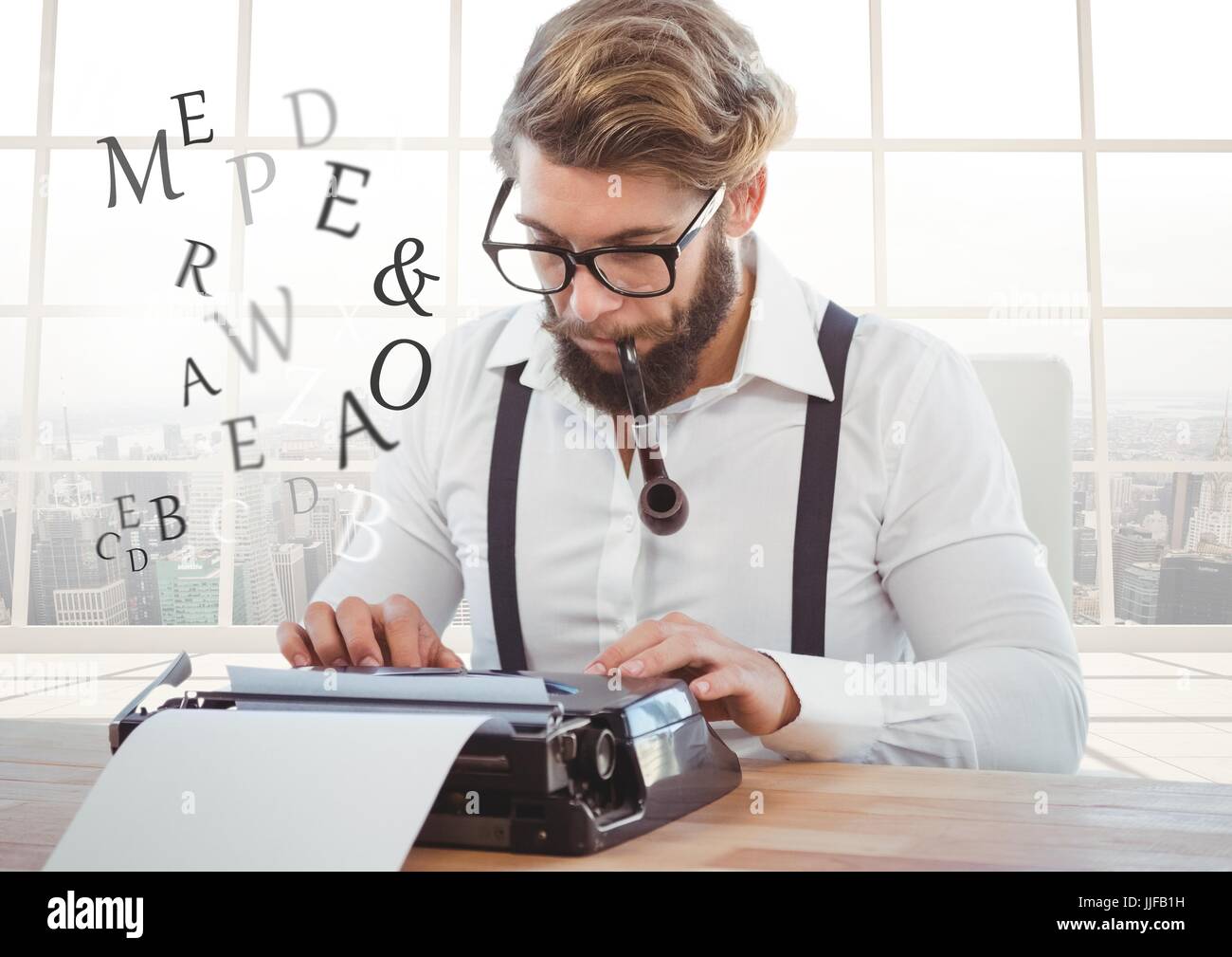 Digital composite of Hipster man on typewriter with letters and windows ...