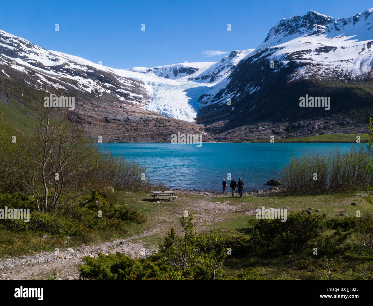 View of Engabreen glacier across Svartisvatnet lake in Saltfjellet ...
